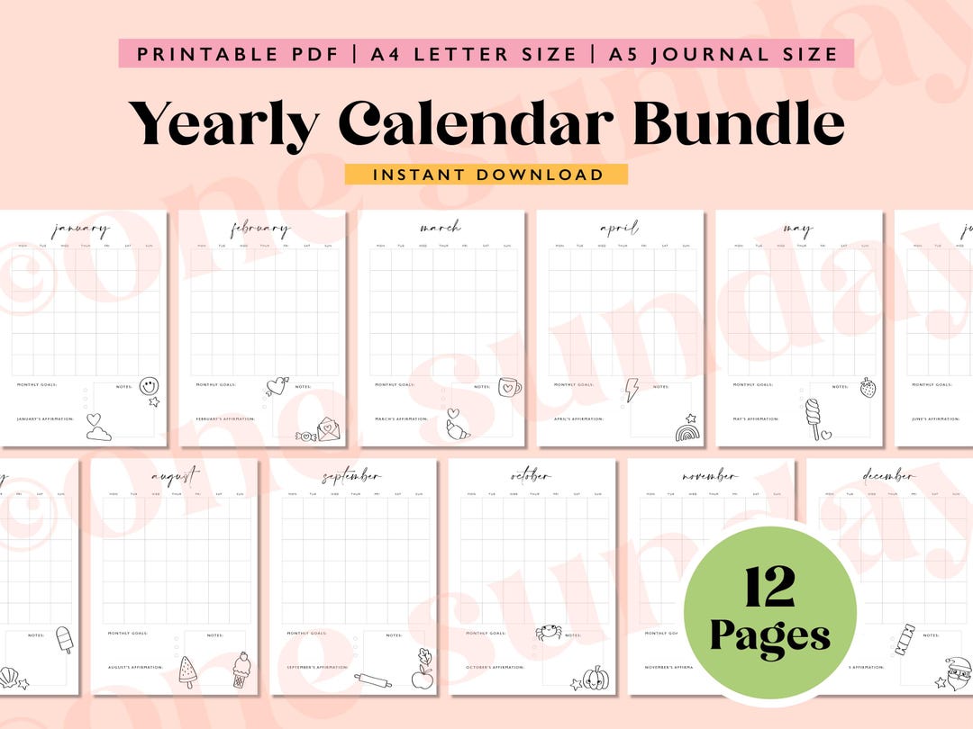 Printable 12 Month Calendar Bundle: A5 Journal Planner (digital ...
