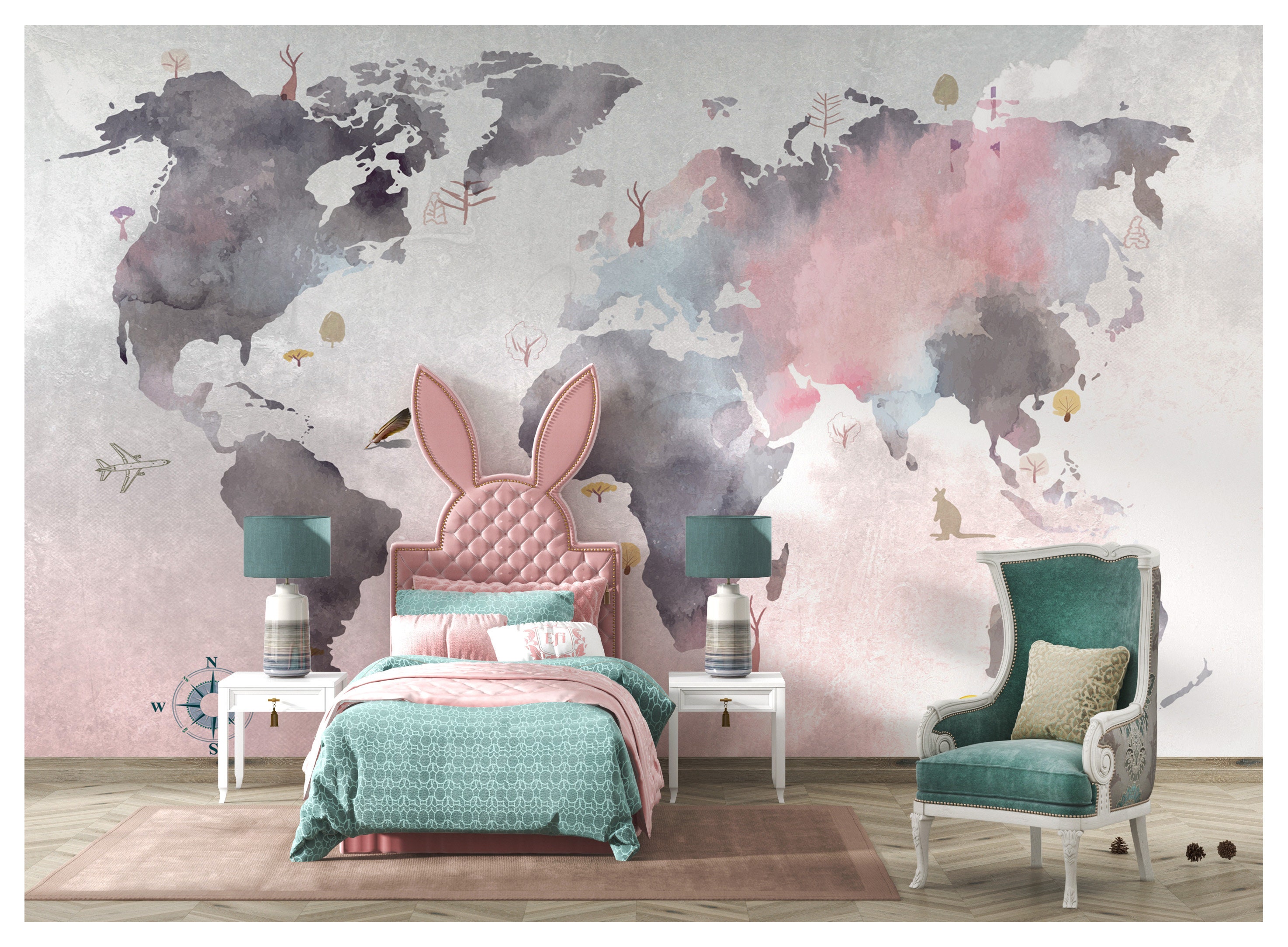 Pastel Color Map Wallpaper Watercolor World Map Design Wall | Etsy