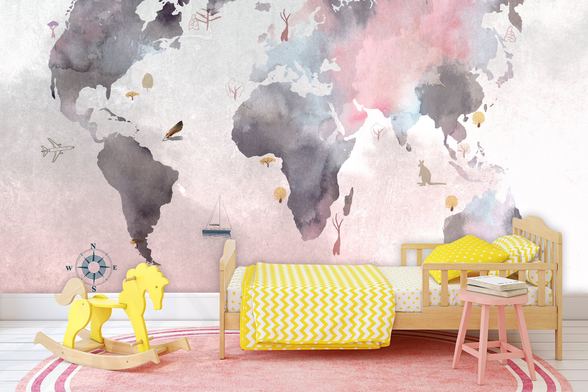 Pastel Color Map Wallpaper Watercolor World Map Design Wall | Etsy