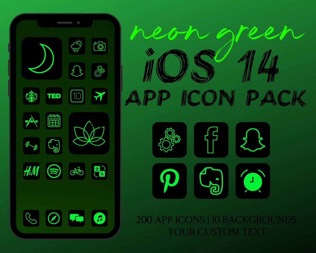 Neon Green App Icons, iPhone IOS 14 Theme, Ios 14 App Icons, Neon App ...