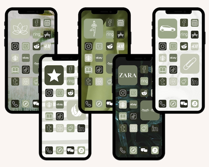 Green iPhone App Icons, Ios 14 App Icons, Neutral Green Aesthetic ...
