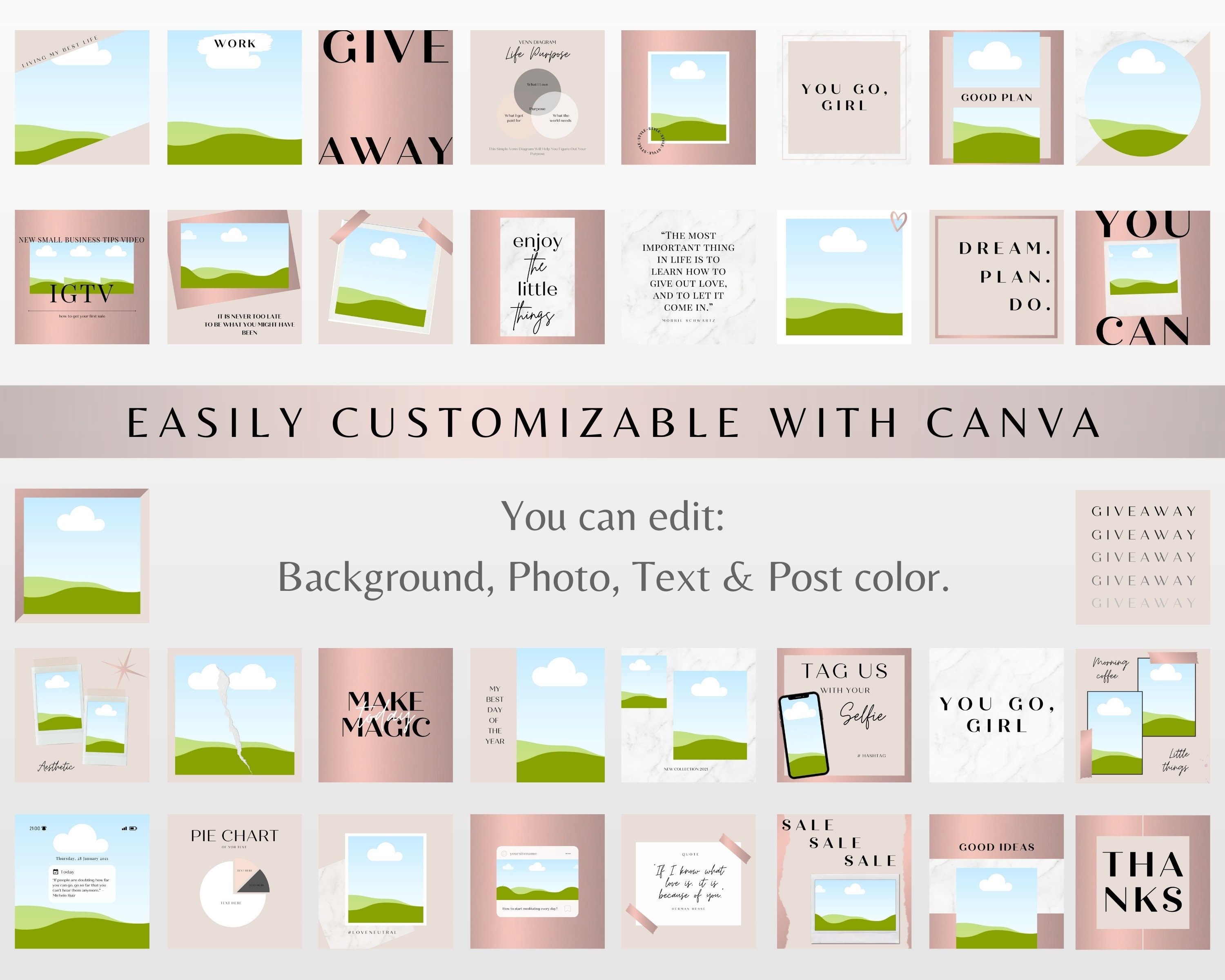 Instagram Template Canva Rose Gold Pink Editable Instagram | Etsy