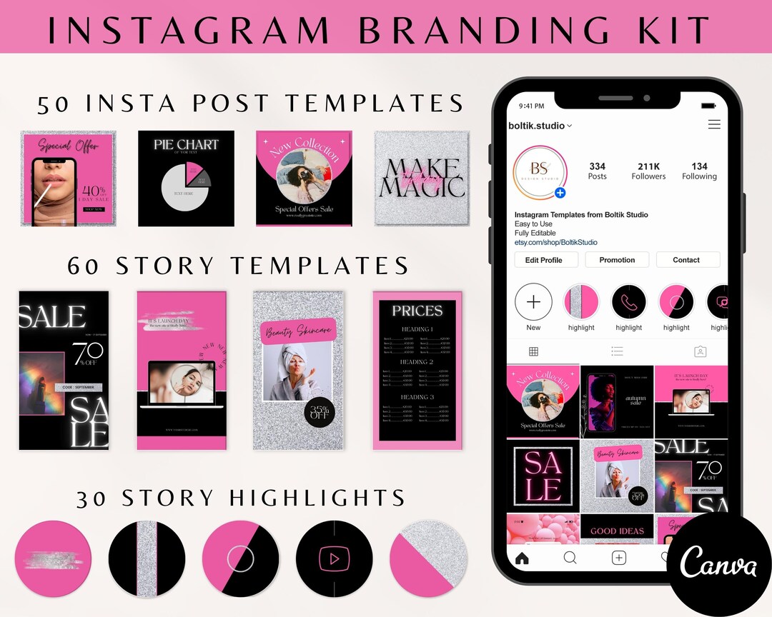 Instagram Branding Kit, Editable Instagram Template Pack, Neon Pink ...