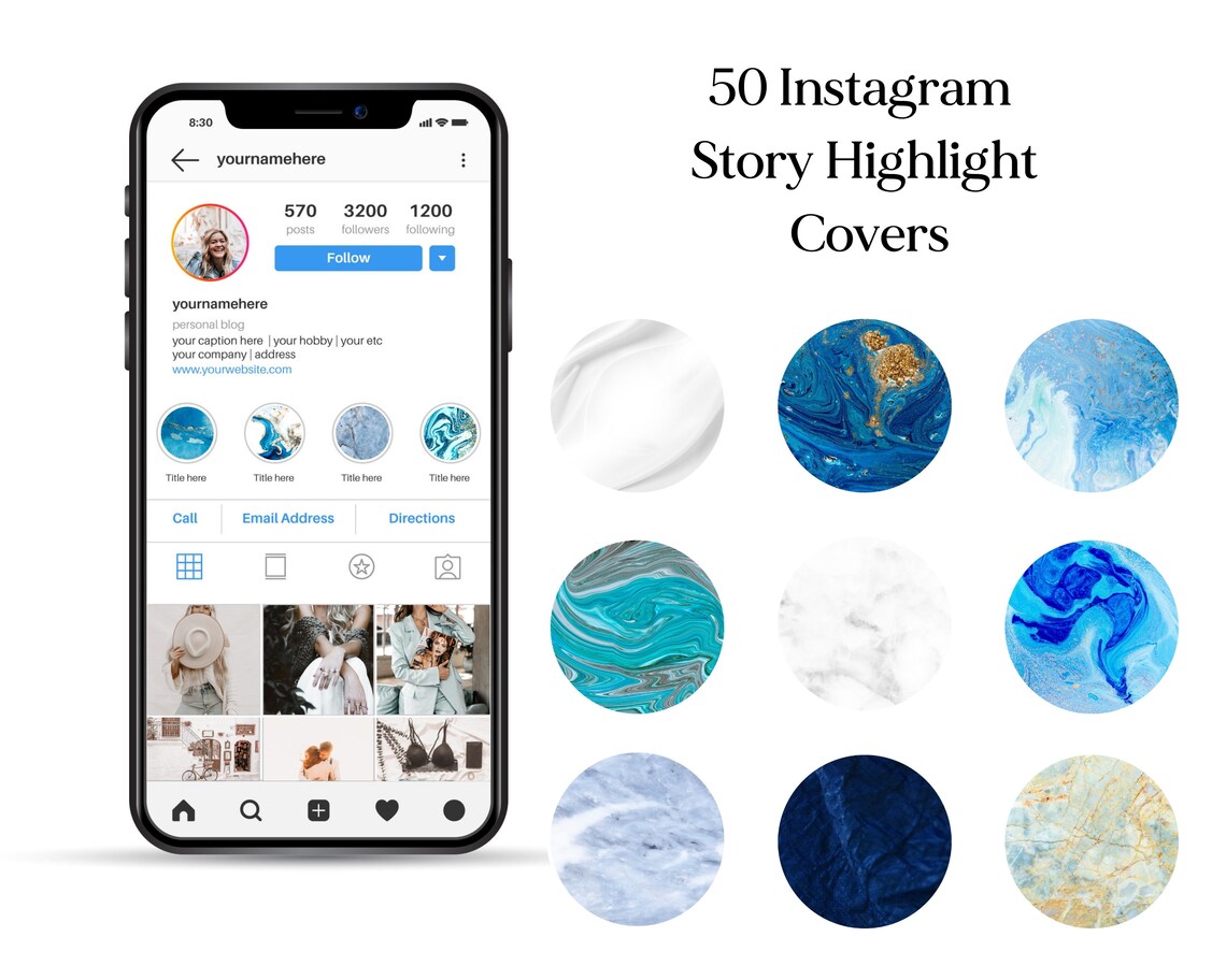 50 Instagram Highlight Icons Marble Instagram Covers Blue | Etsy