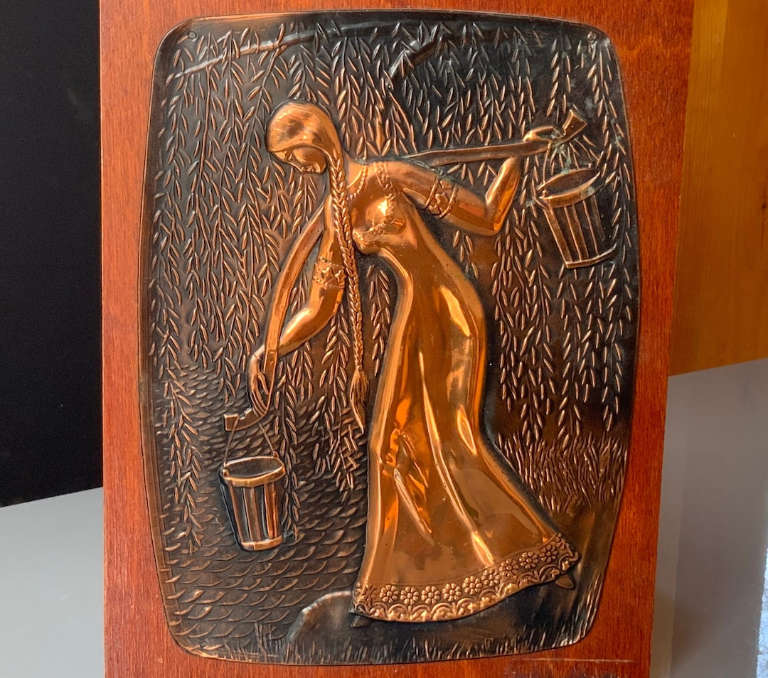 Decorative Metal Copper Chasing Girl With Buckets, Metal Plaque on Wood ...