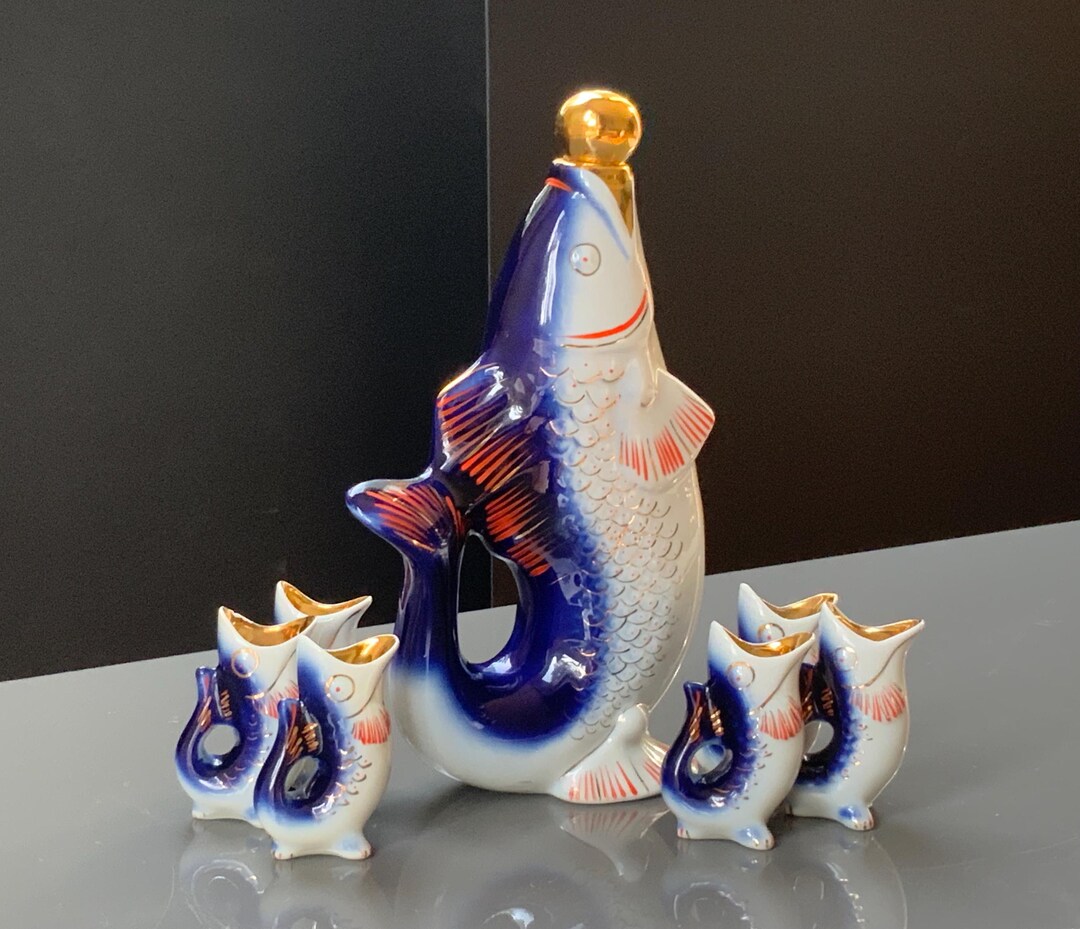 Fish Decanter With 6 Shot Glasses, Porcelain Fish Carafe Vodka, and ...