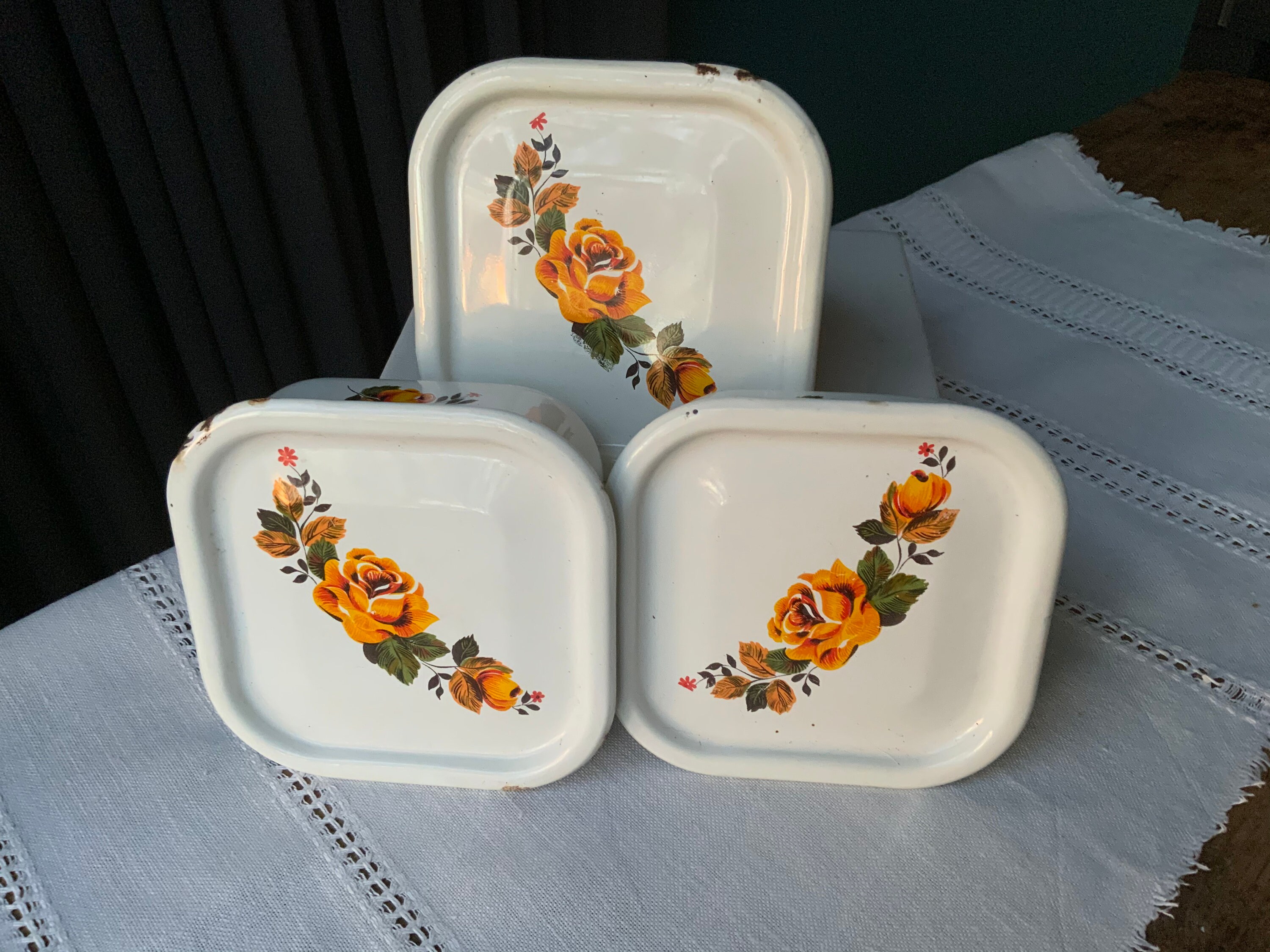 Vintage Enamel Box With Lid Set of 3 Enamel Rectangular | Etsy