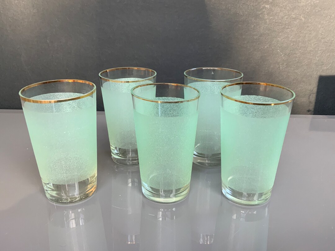 Vintage Green Frosted Glasses, Set of 5 Tumbler Glasses, Mid-century ...