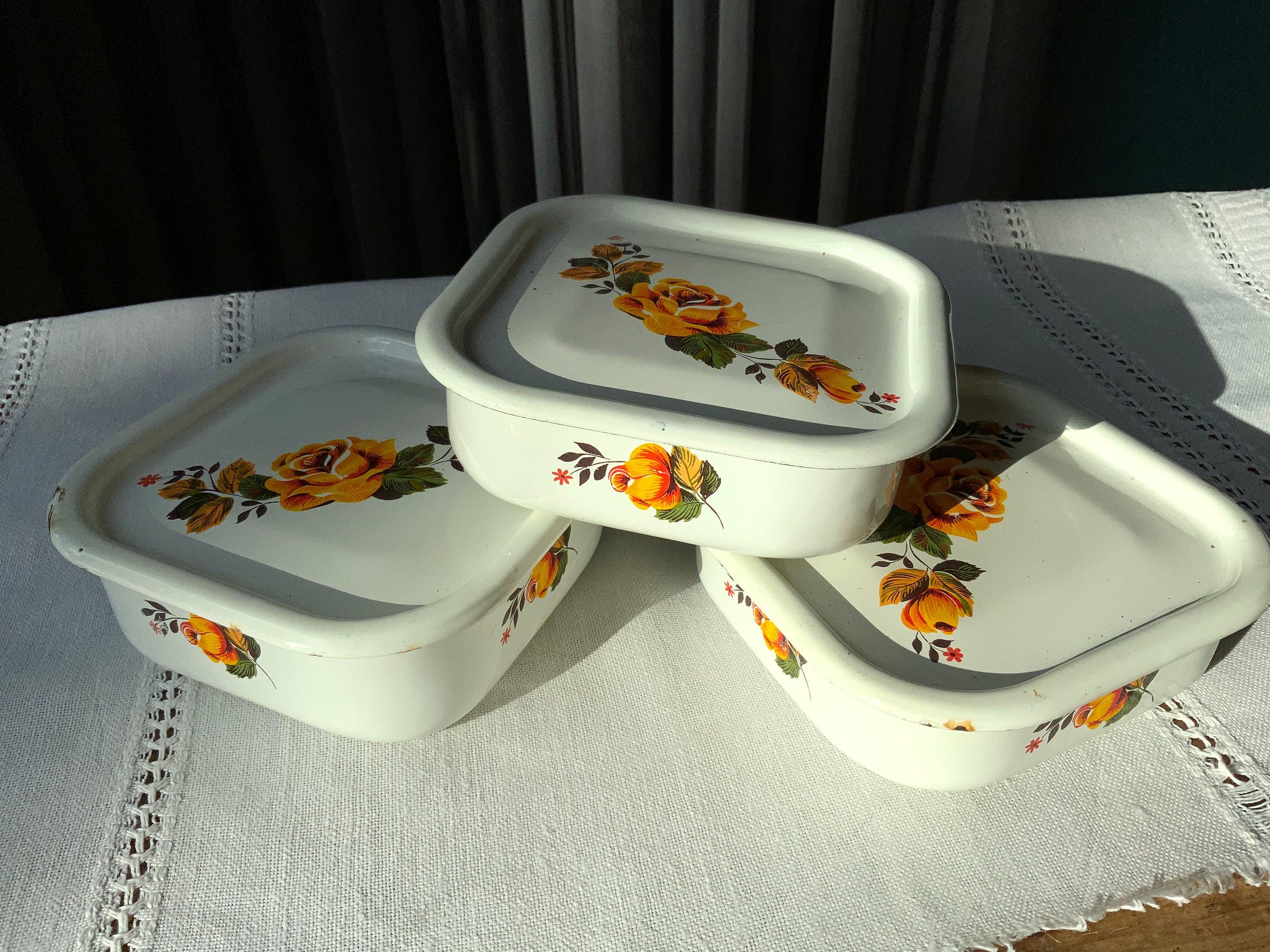 Vintage Enamel Box With Lid Set of 3 Enamel Rectangular | Etsy