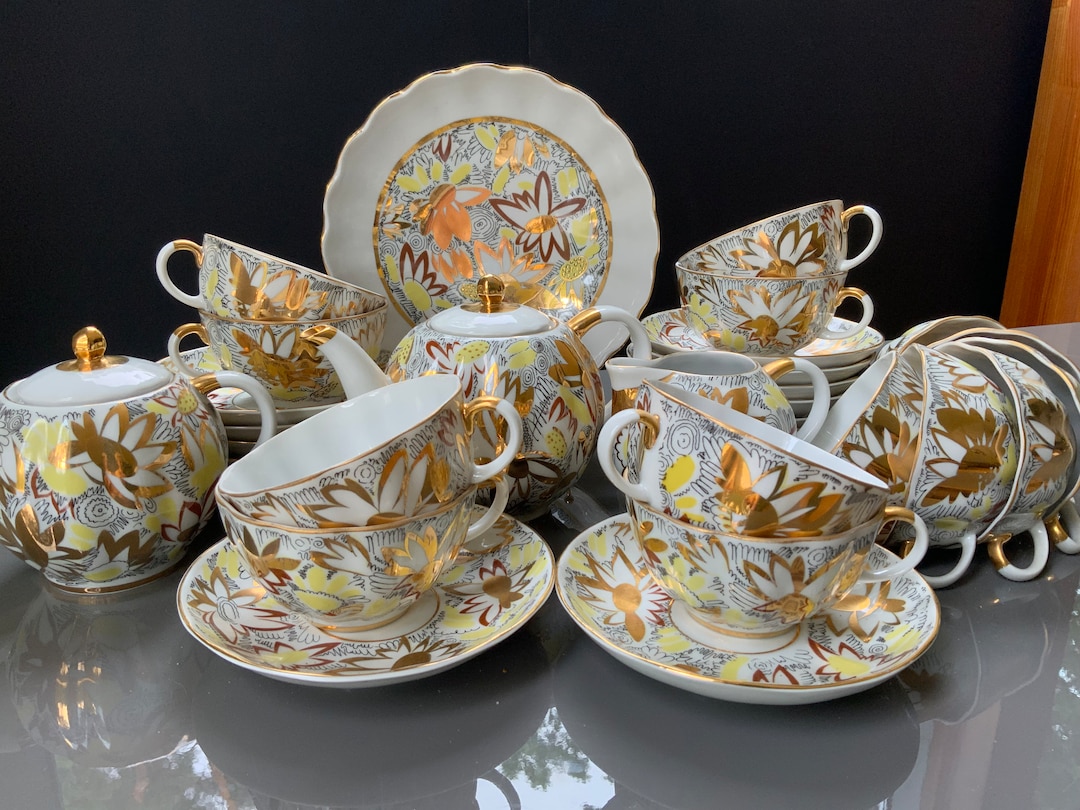Lomonosov Imperial Porcelain Tea Set: Gold Daisy, 22k Trim, USSR 1970s ...
