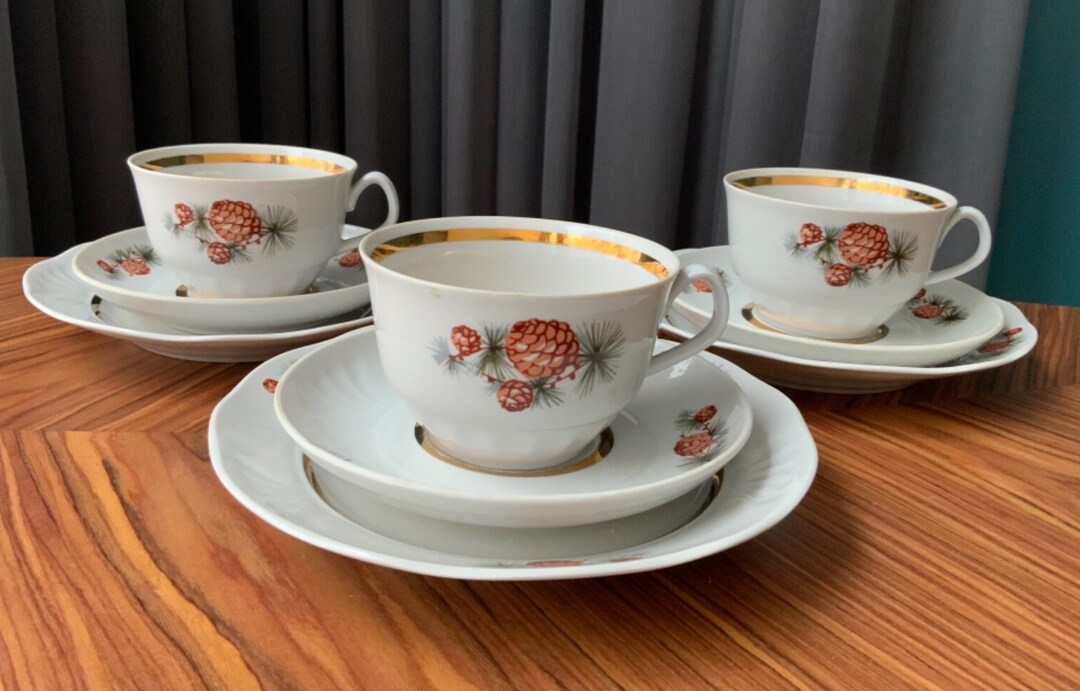 Vintage Riga Porcelain Trio: Pine Cone Tea Set, Gold Rim - Etsy