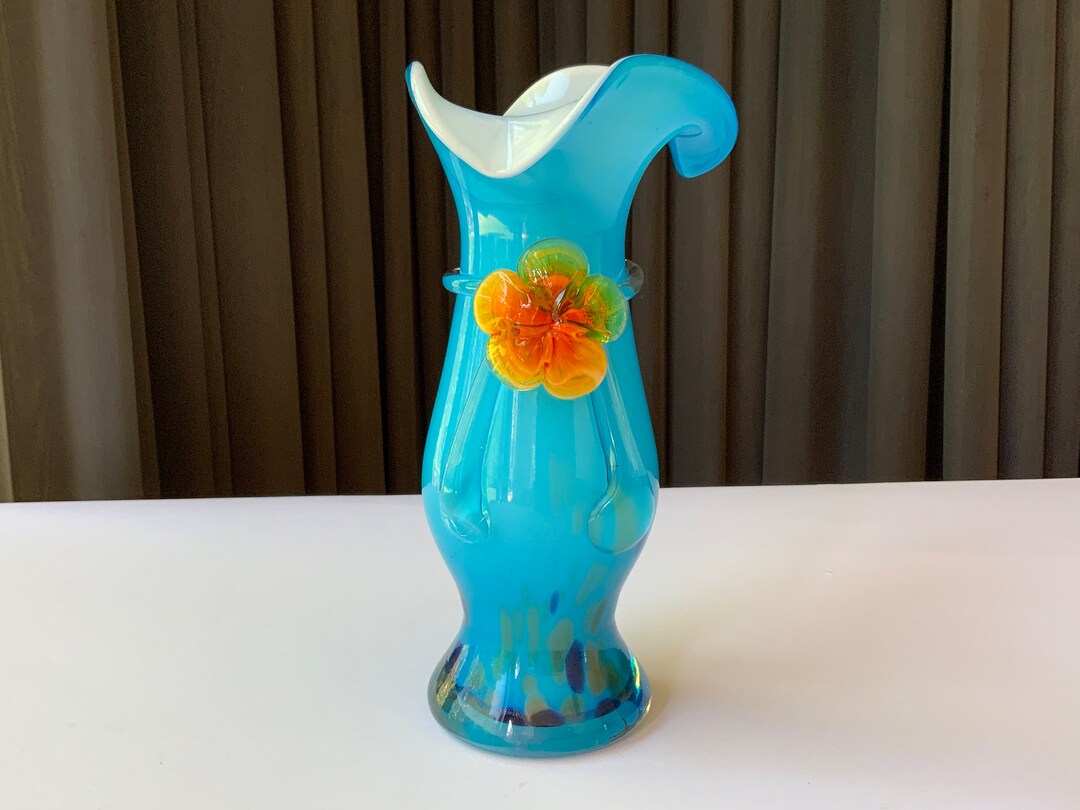 Turquoise Color Glass Vase Vintage, 7.8in Tall, Hand Blwn Glass, Light ...