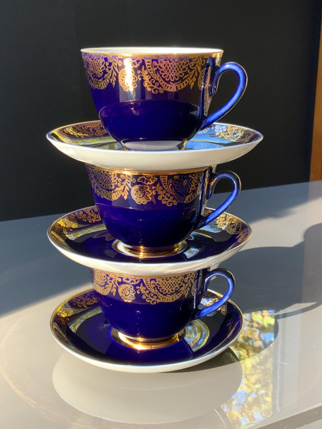 Lomonosov LFZ Imperial Porcelain Set of 3 Cobalt Blue Vintage Cups and ...