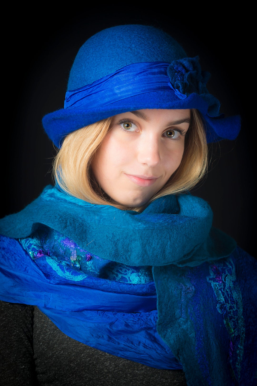 Blue Cloche Hat and Scarf Set, Blue Bucket Hat, Nuno Felted Winter Hat ...