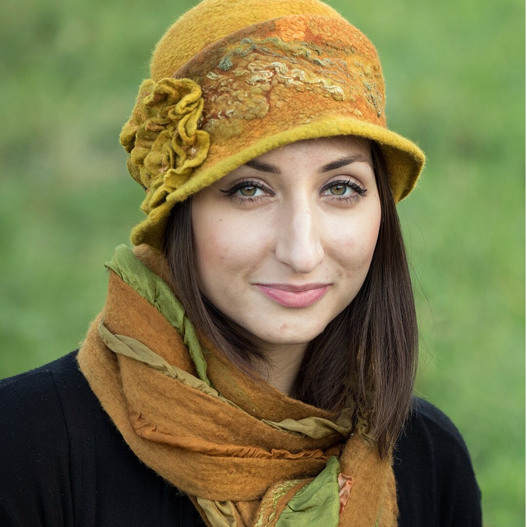 Mustard Yellow Felted Cloche Hat, Flapper Hat, Winter Womens Hats ...