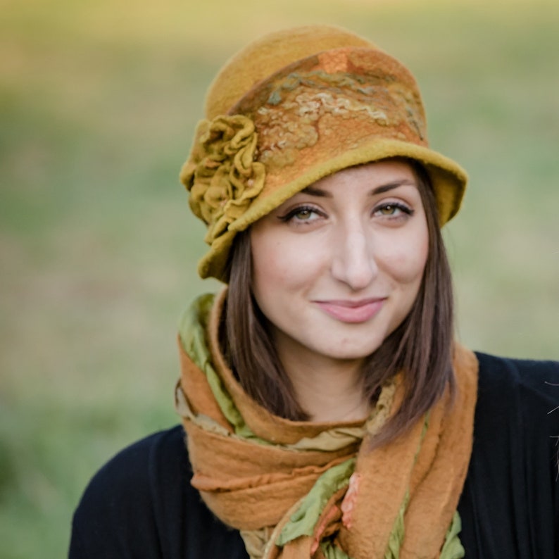 Mustard Yellow Felted Cloche Hat, Flapper Hat, Winter Womens Hats ...