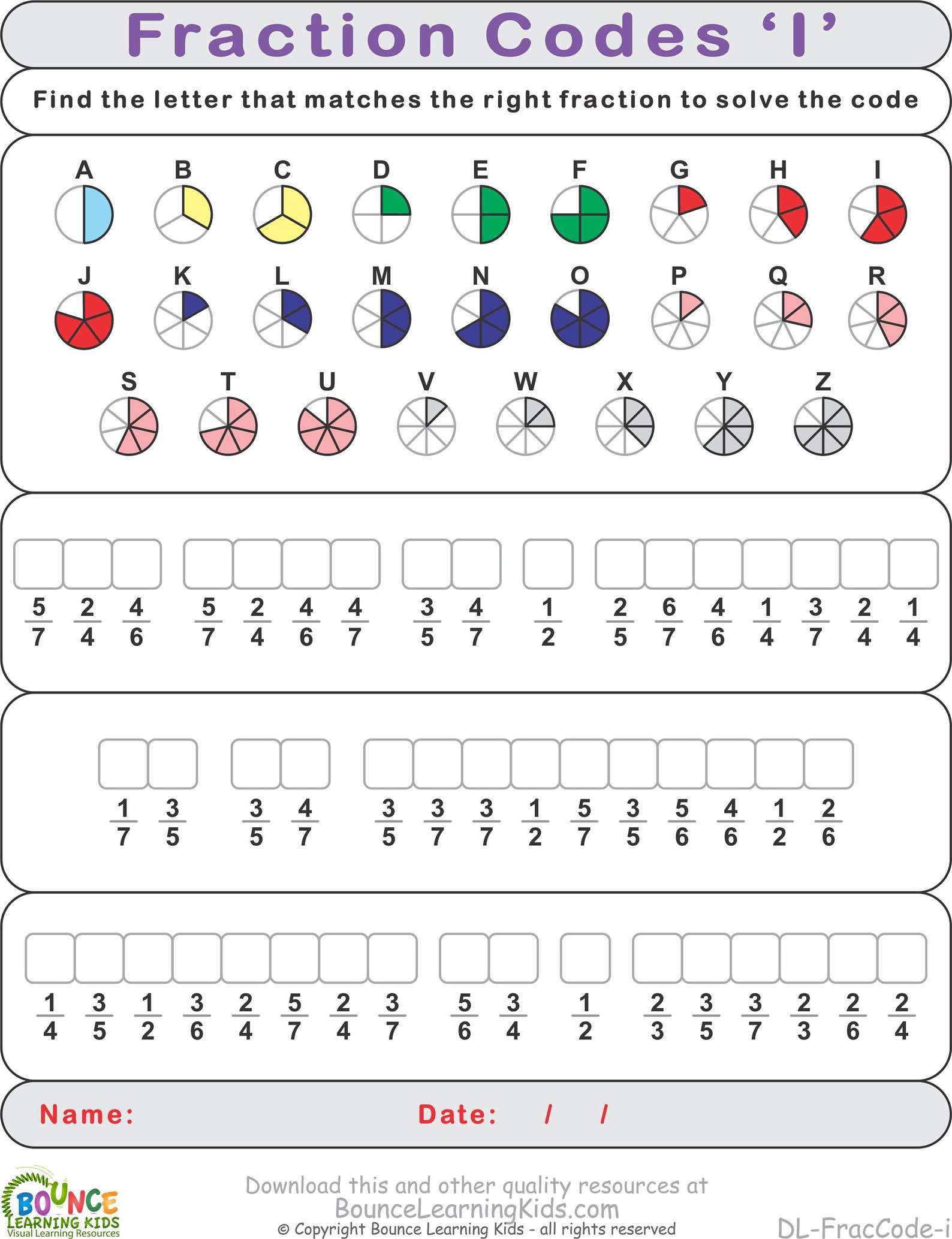 Alphabet Fraction Secret Codes Match the Letters to the Fractions to ...
