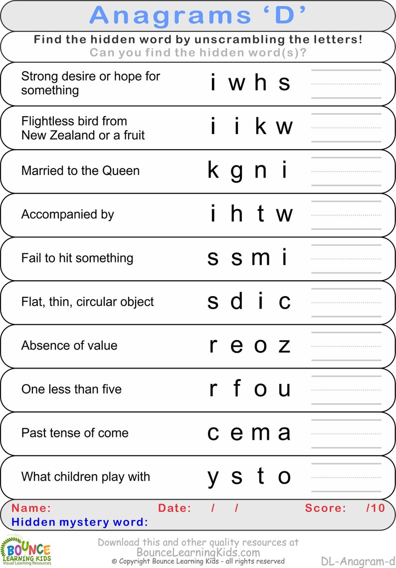 Anagrams - Solve Each Anagram Then Find the Bonus Word Hidden in the ...