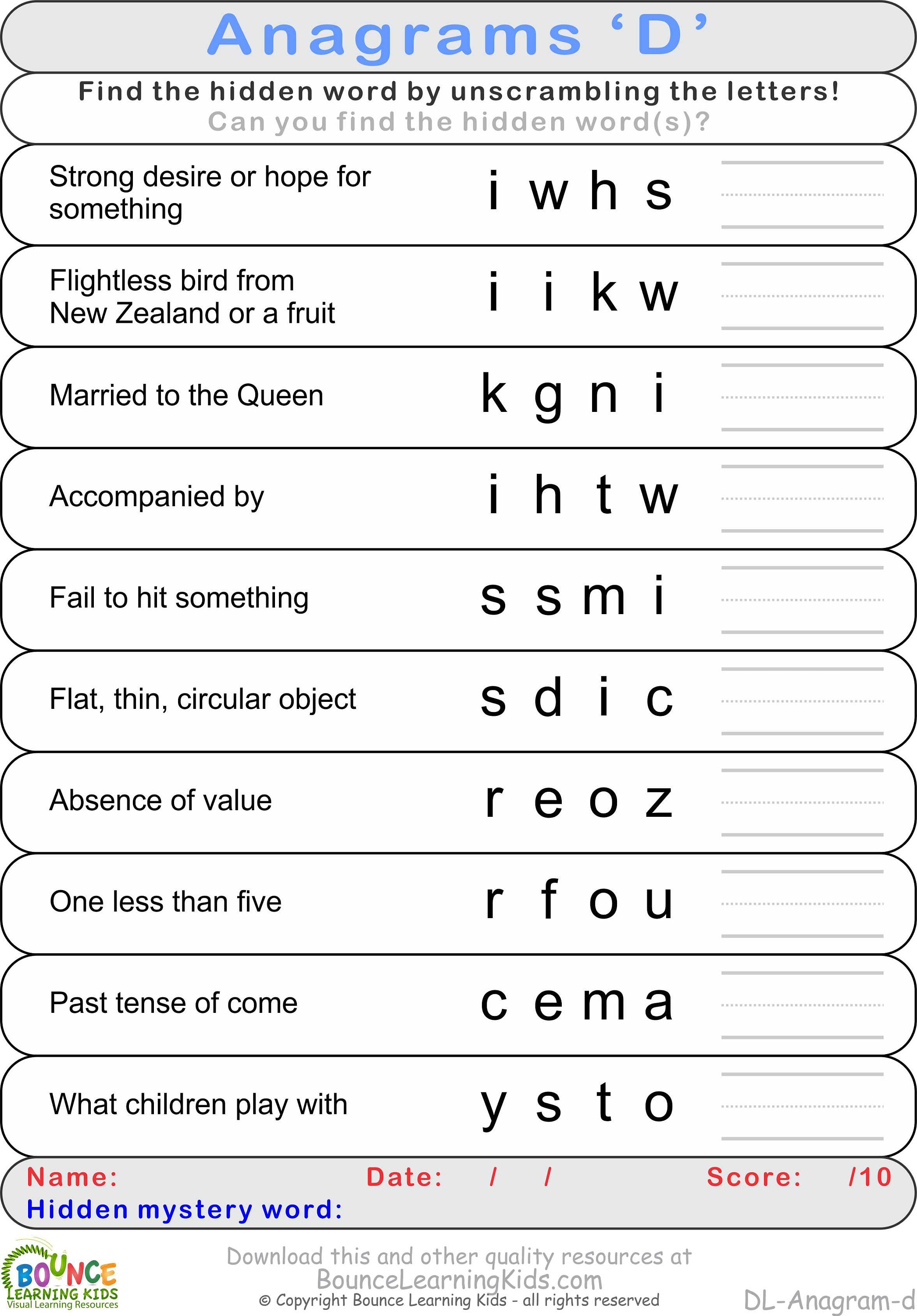 Anagrams - Solve Each Anagram Then Find the Bonus Word Hidden in the ...