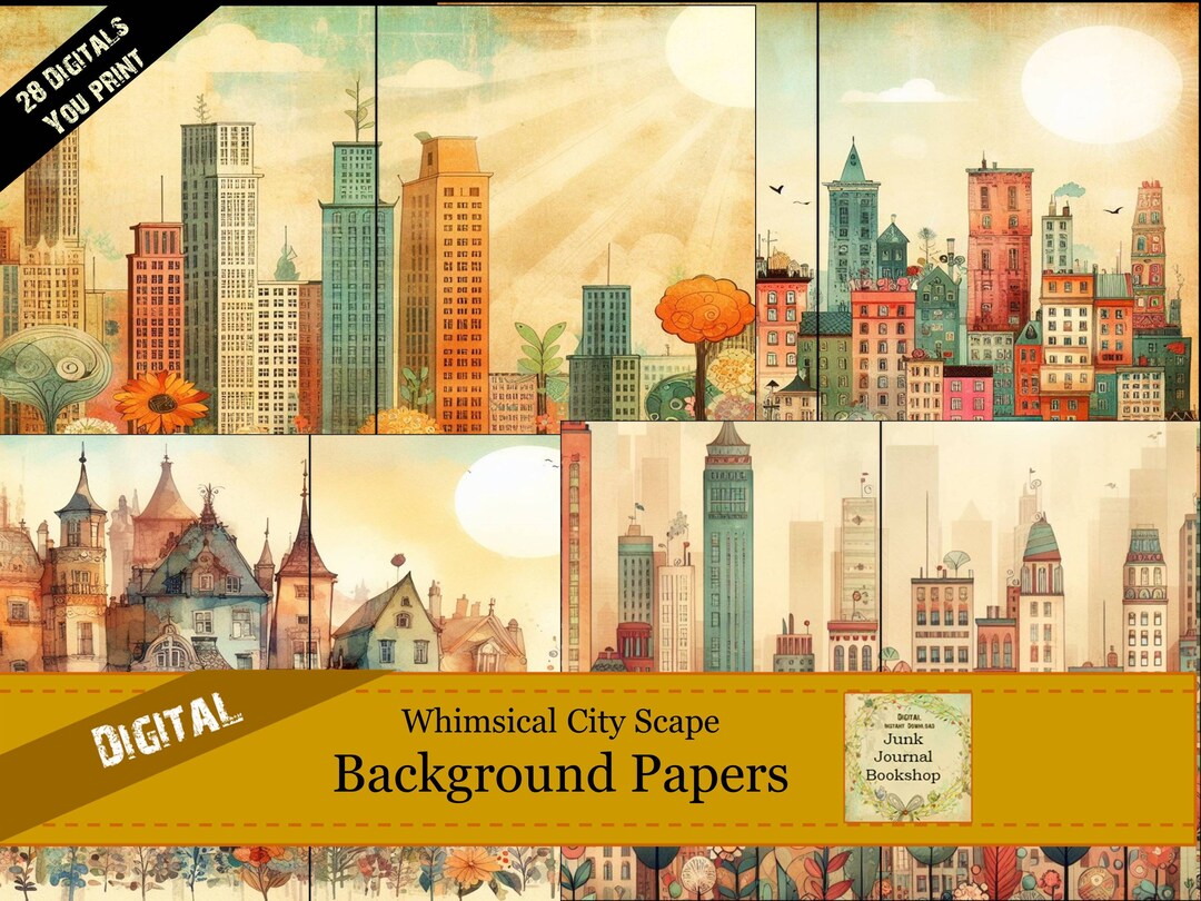 Whimsical Cityscape Digital Paper Pack: Junk Journal Ephemera (digital ...