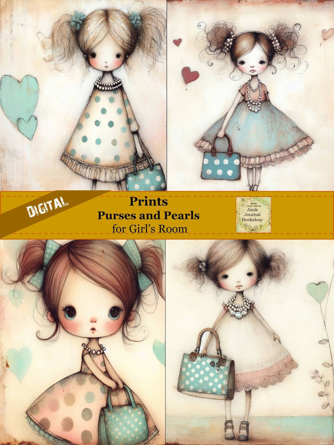 Digital Prints of Four Whimsy Girls With Purses and Pearls. Cute Prints ...