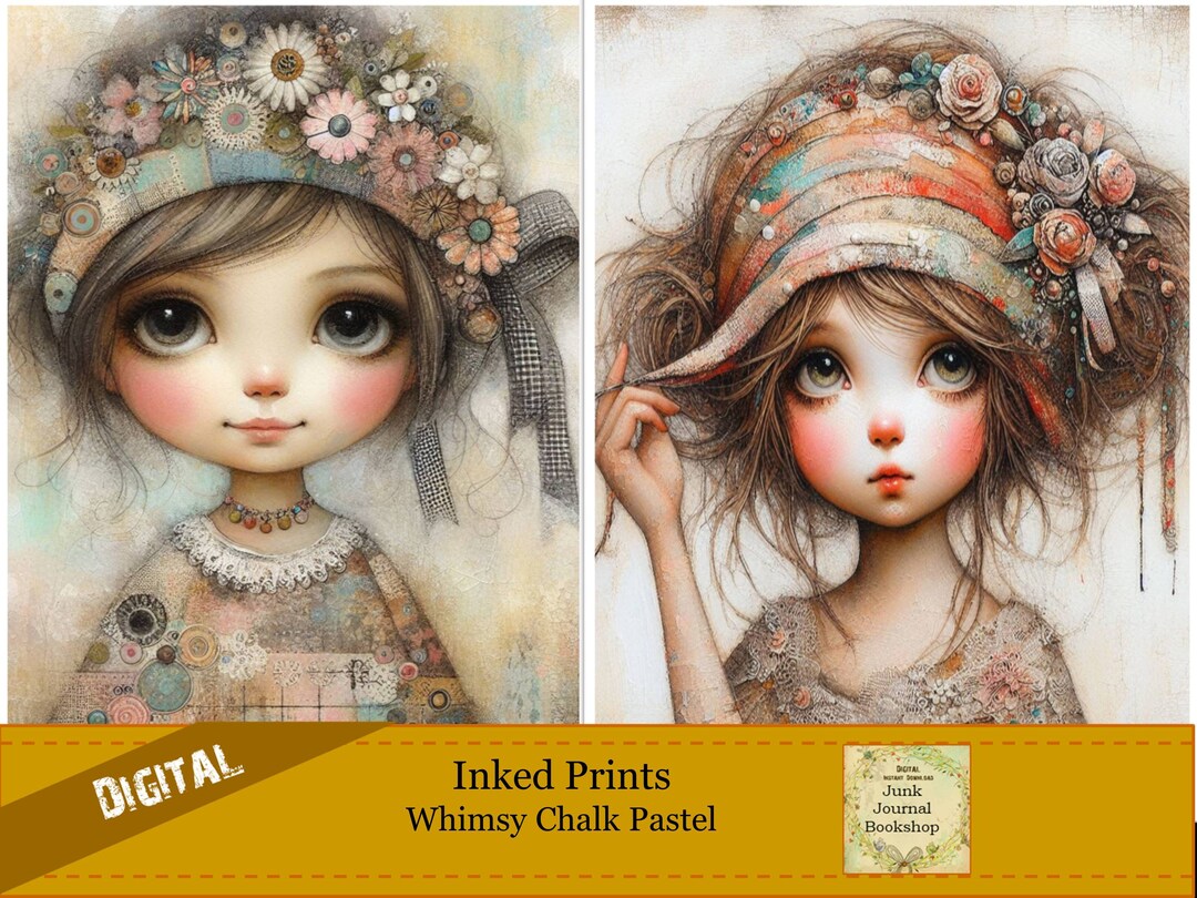 Whimsy Girls Art Prints: Chalk Pastel Portrait Set (digital Download ...