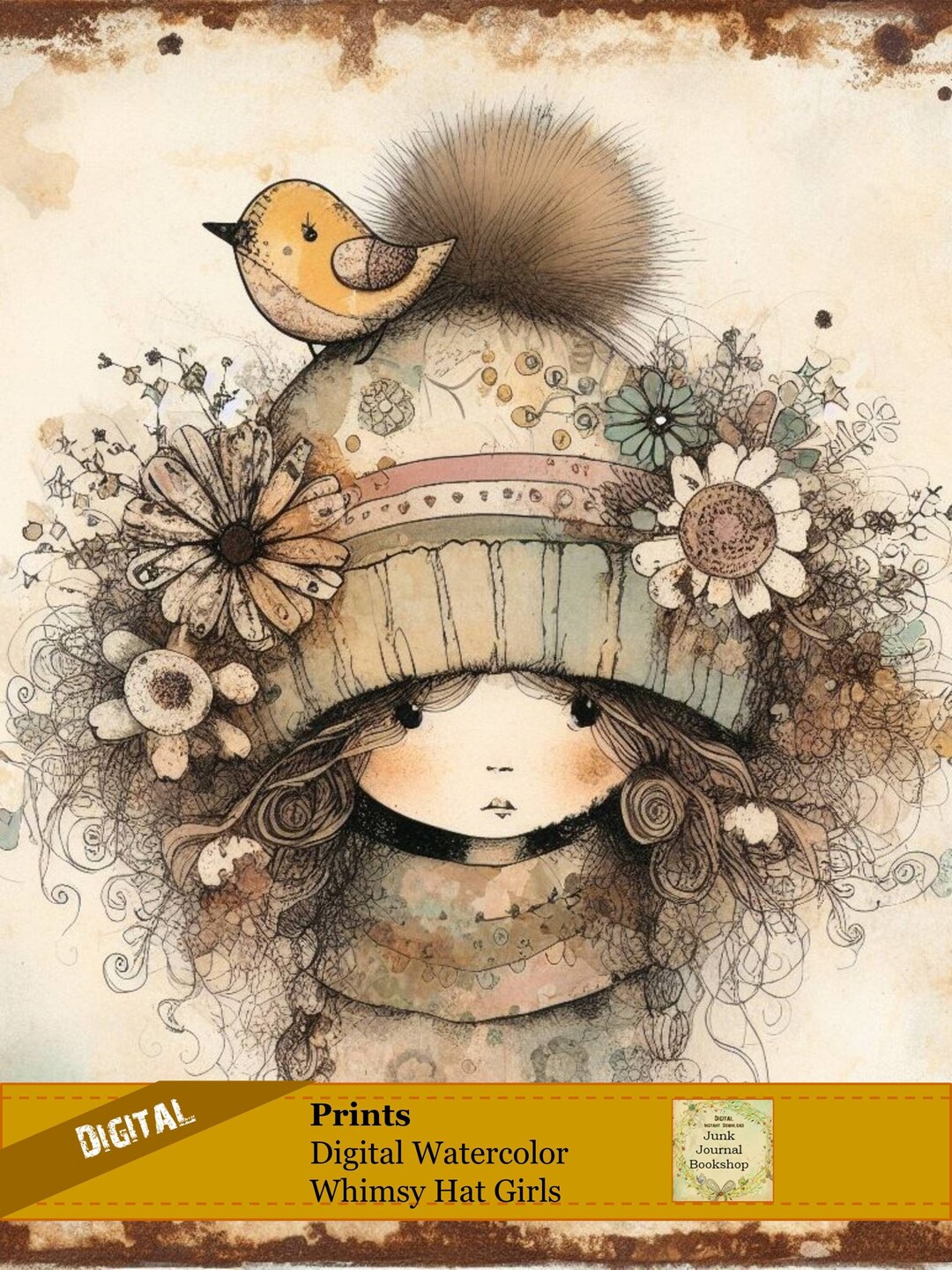 Digital Watercolor Prints of Whimsy Girls With Beautiful Hats. Junk ...