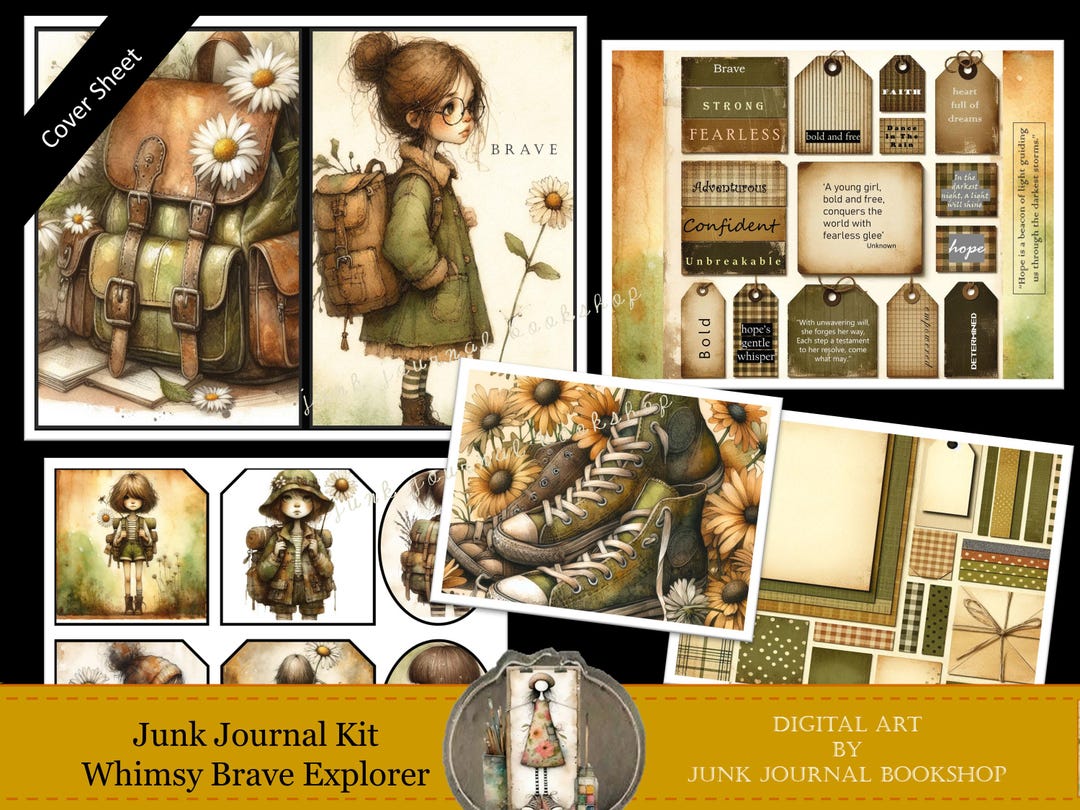 Girls Junk Journal Kit. Digital Art Papers. Junk Journal Bookshop Digital Prints. Whimsy Brave ...