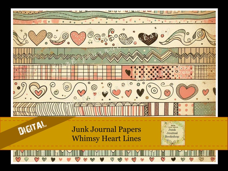 Whimsy Heart Lines Junk Journal Paper: Neutral Backgrounds (digital ...