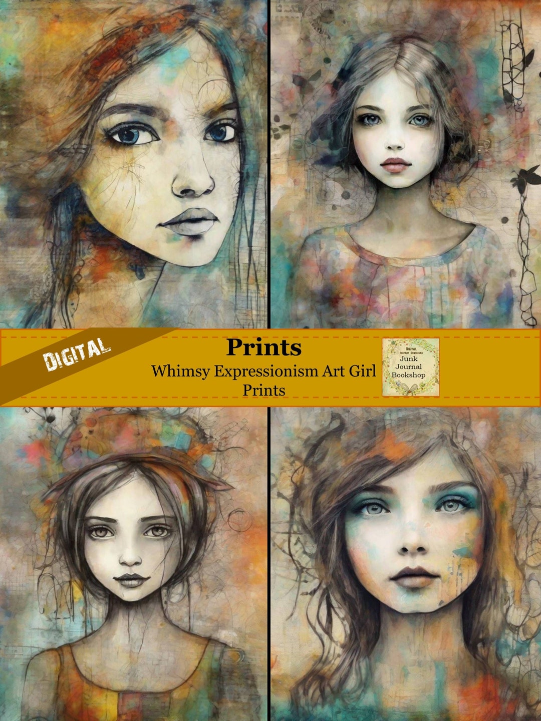 Digital Whimsy Expressionism Girl Prints. Eight (8) Prints of Beautiful ...