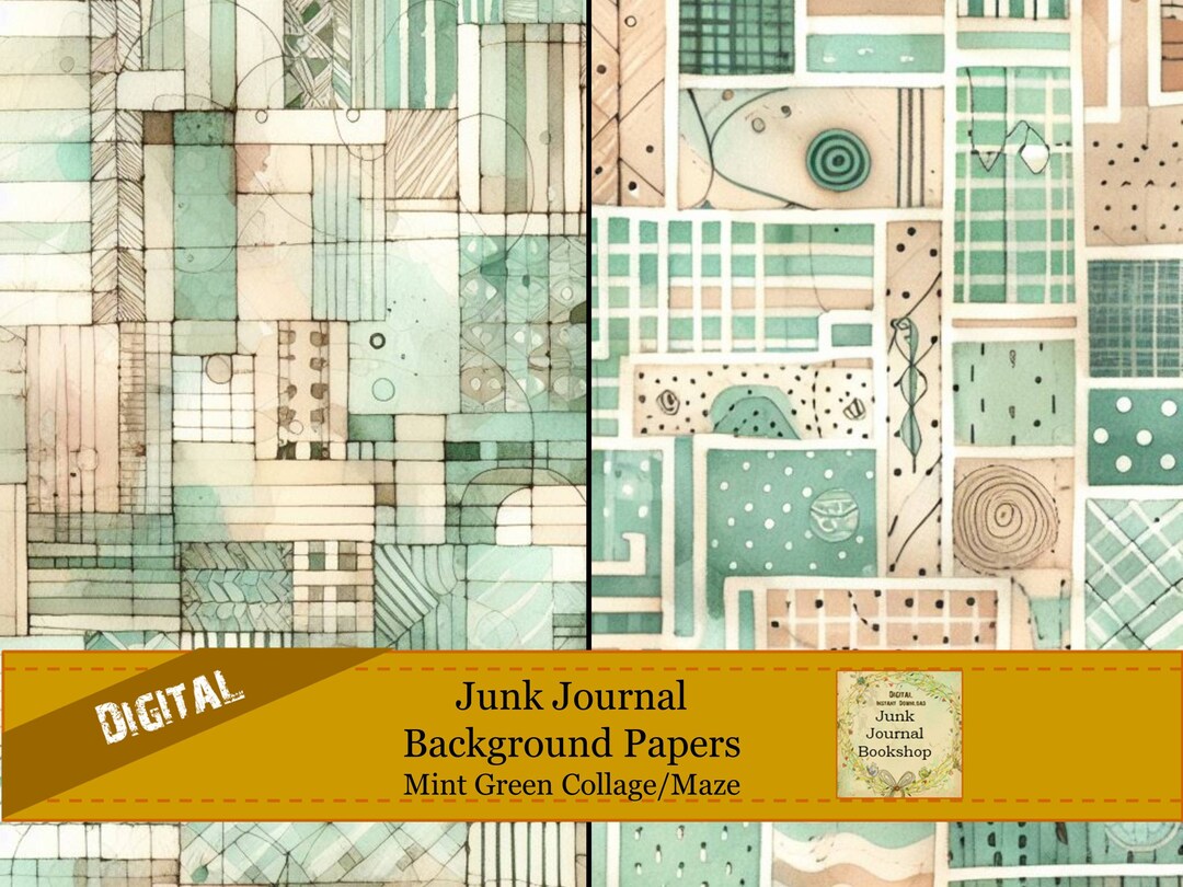 Mint Green Collage Papers: Junk Journal Maze Backgrounds (digital ...