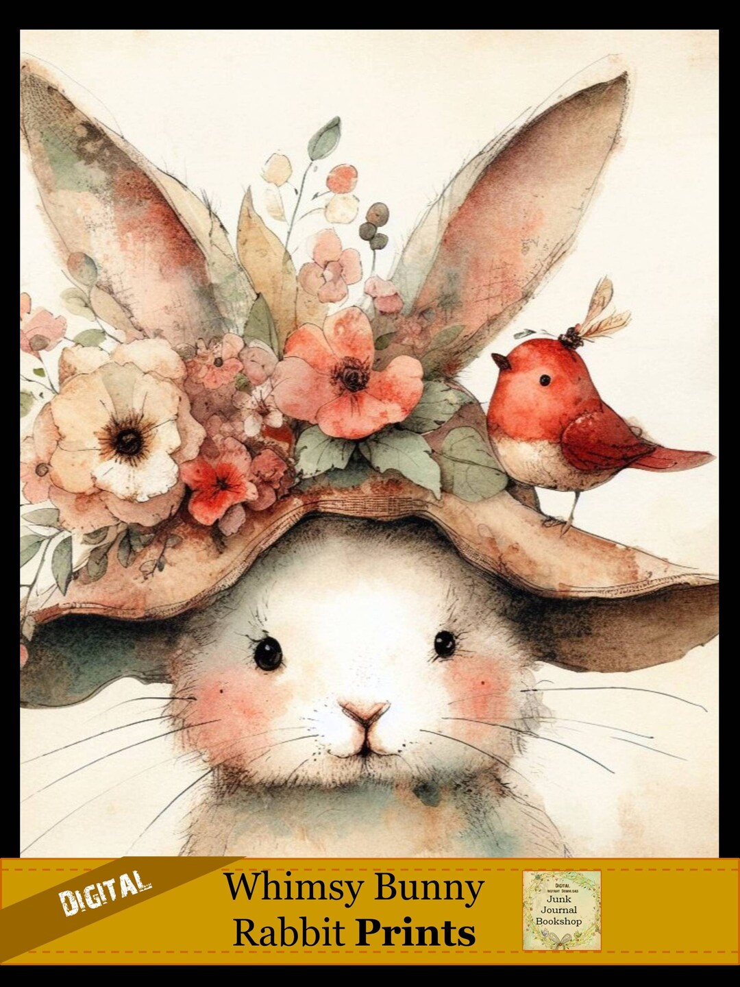 Digital Watercolor Prints of Whimsy Bunny Rabbits With Fancy Flowered Hats. Junk Journal ...