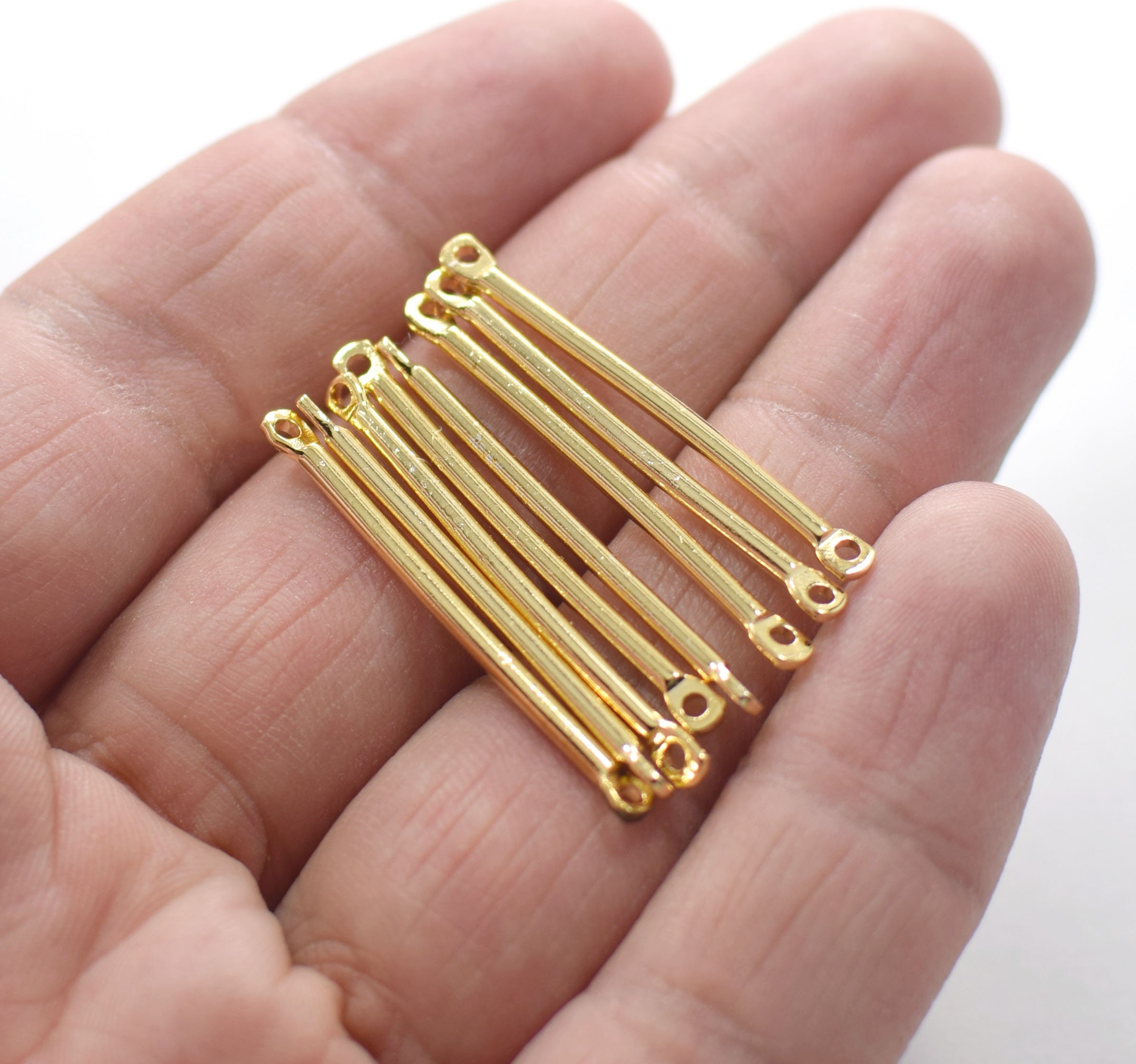 2 X 35 Mm , 24K Shiny Gold Plated Solid Round Rod Findings - 2 Hole ...