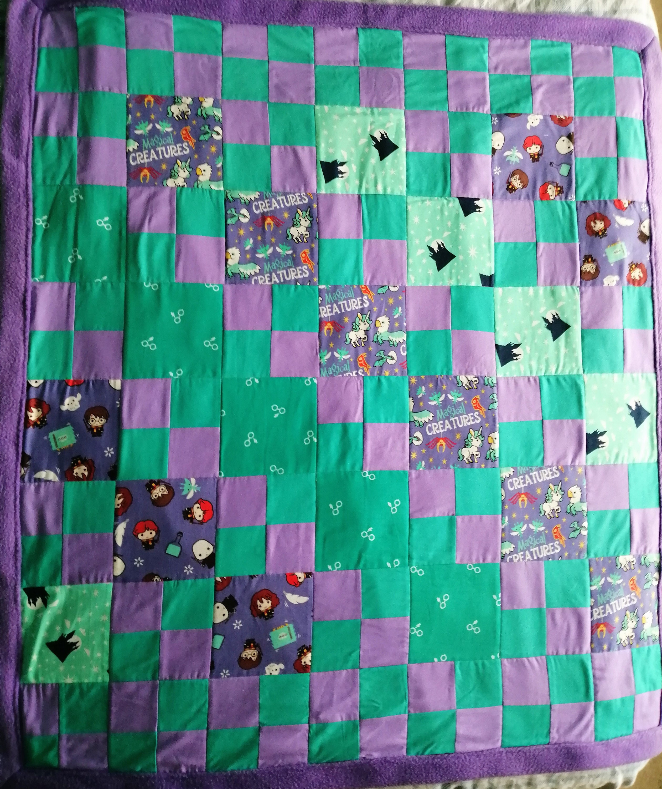Toddler Quilt Handmade Lilac and Teal, Wizard, Fantasy, Magical Beasts ...