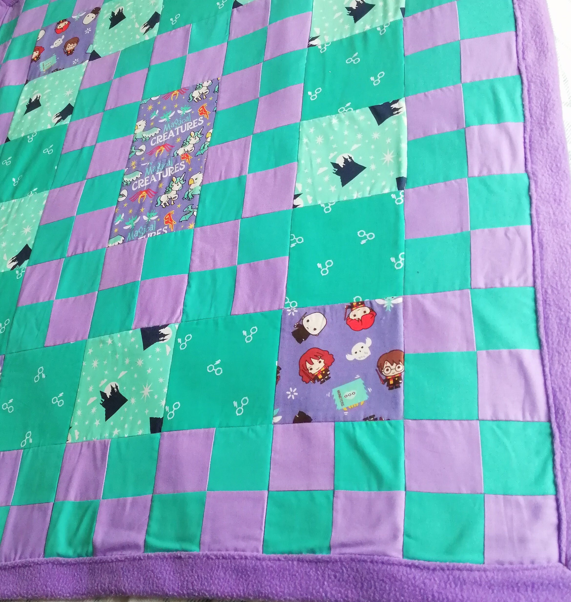 Toddler Quilt Handmade Lilac and Teal, Wizard, Fantasy, Magical Beasts ...