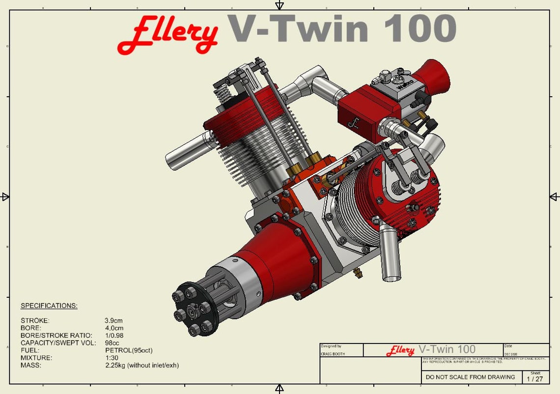 Vtwin Gas Petrol Model Engine Plans for 100cc Four Stroke (PLANS ONLY ...