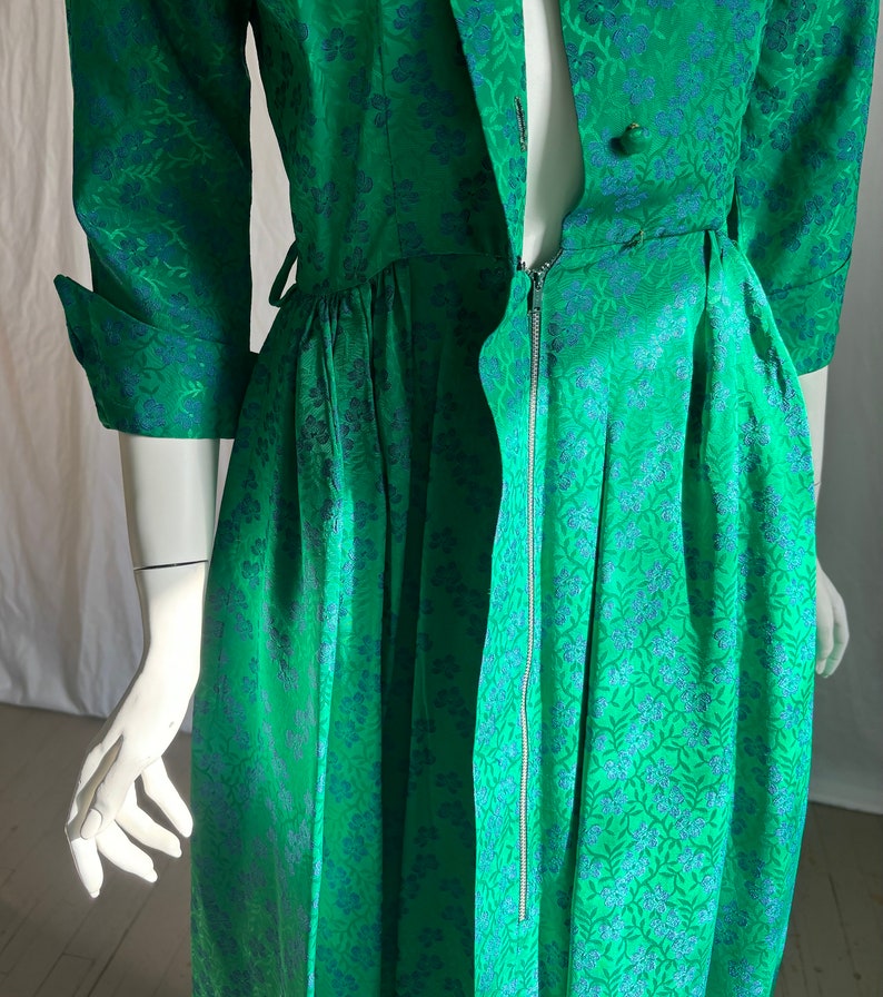 Xs 40s Green Brocade Maxi Dress Vintage Hostess Dress With Pockets Etsy