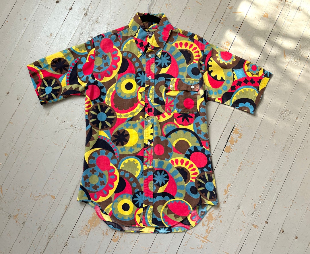M 60s Mod Mid Century Hawaiian Print Men’s Shirt | Colorful Hippie ...