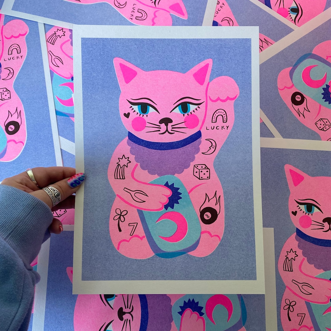 Lucky Cat A4 Risograph Print - Etsy