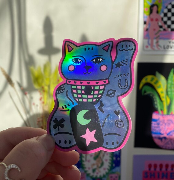 Lucky Cat Holographic Vinyl Sticker | Etsy