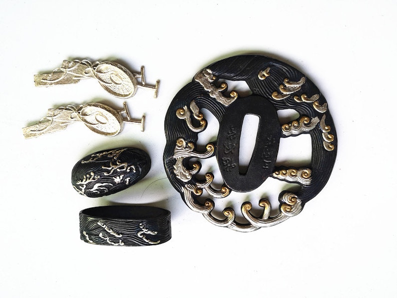 Silver Plated Brass Tsuba Hand Guard Kashira Fuchi Menuki - Etsy
