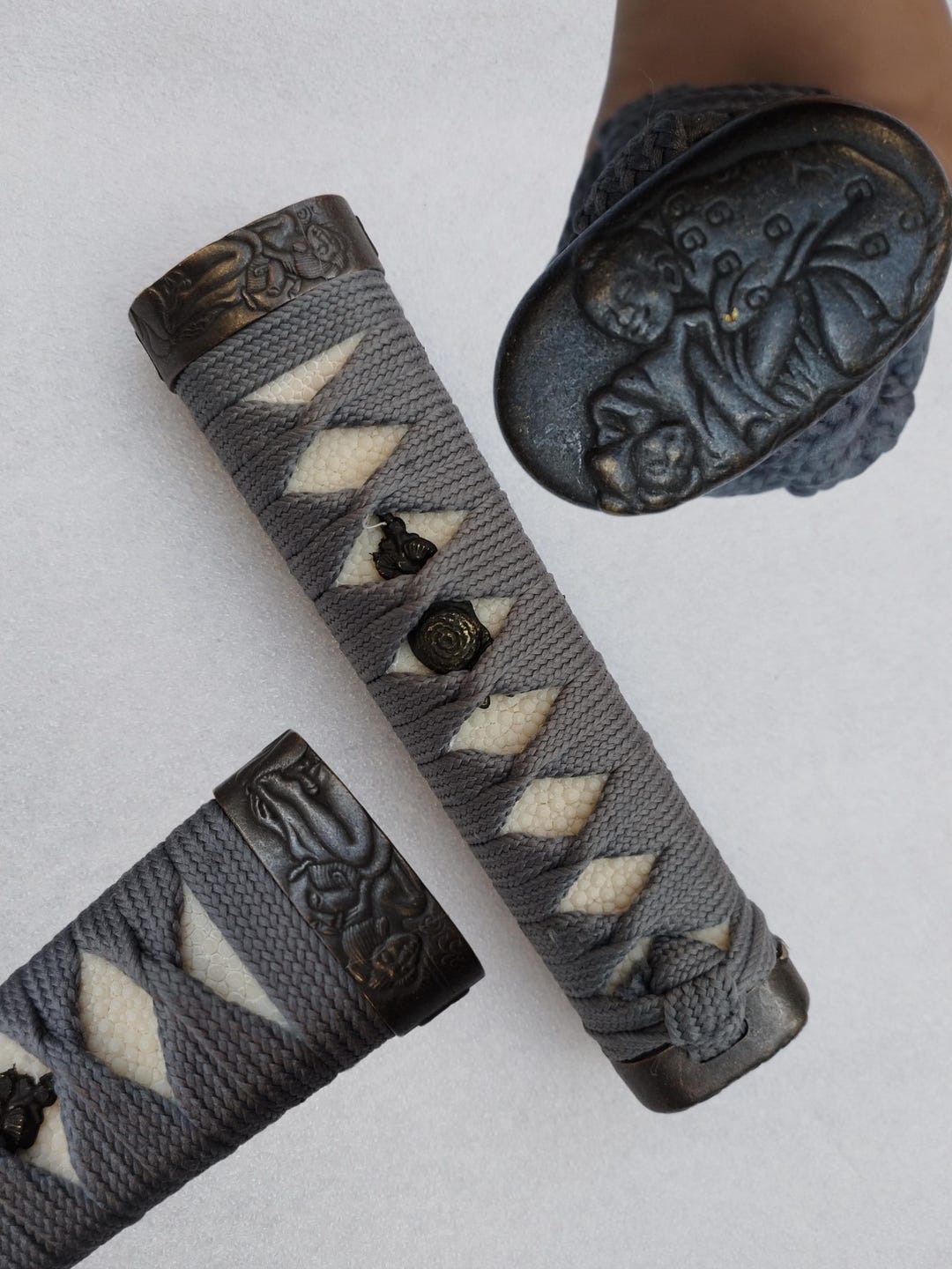 15cm Length Synthetic Silk Ito White Rayskin Tsuka for Japanese Samurai ...