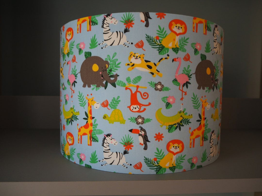 Blue Zoo Animals Lampshade Nursery Lamp Shade Elephants Giraffes Zebras ...