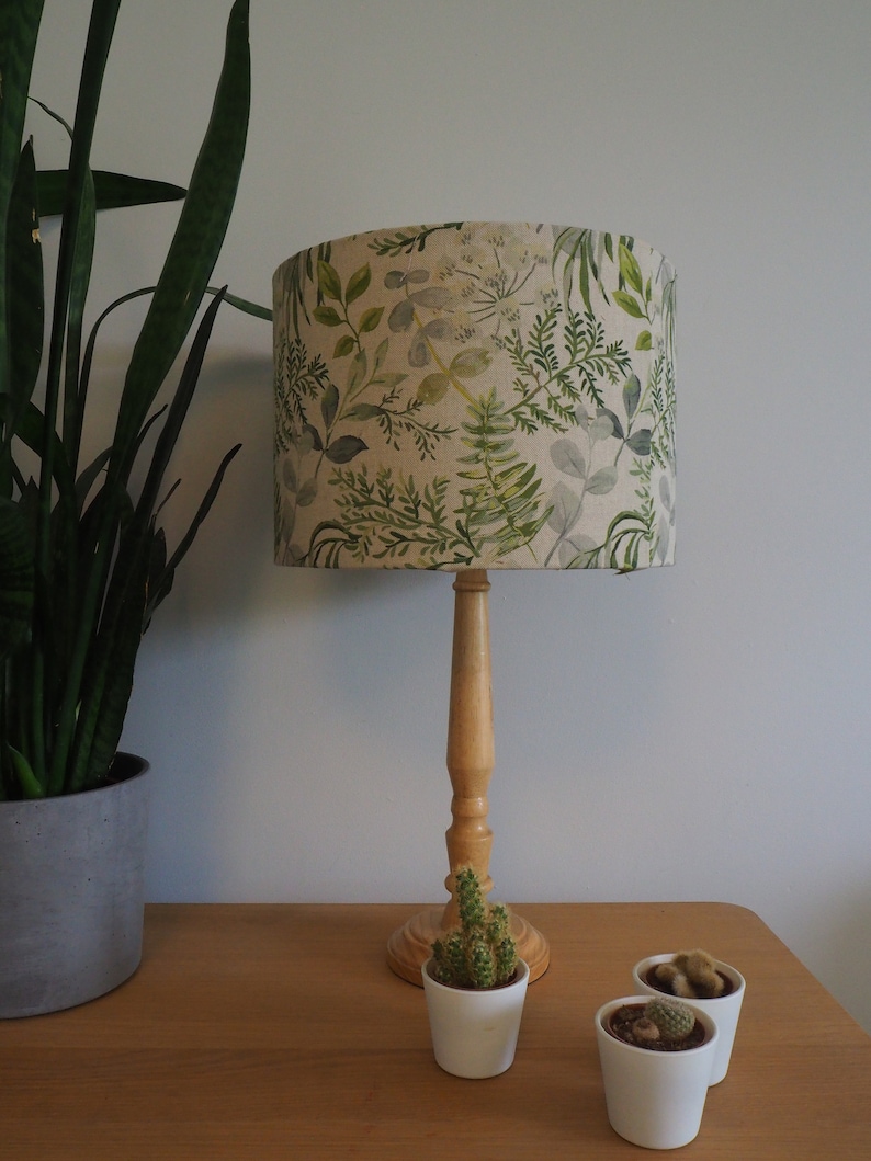 Green Leaves Lampshade Woodland Leaf Pattern Fabric Grey Beige Neutral ...