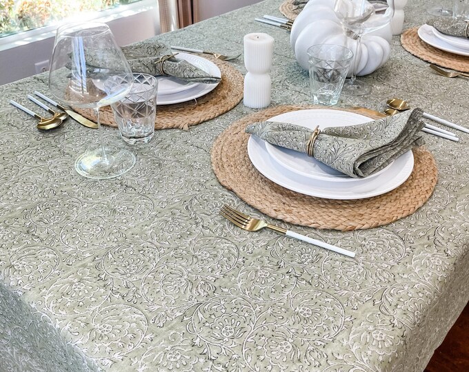 Light Olive Green Floral Design on Natural Linen Table Cover, Neutral ...
