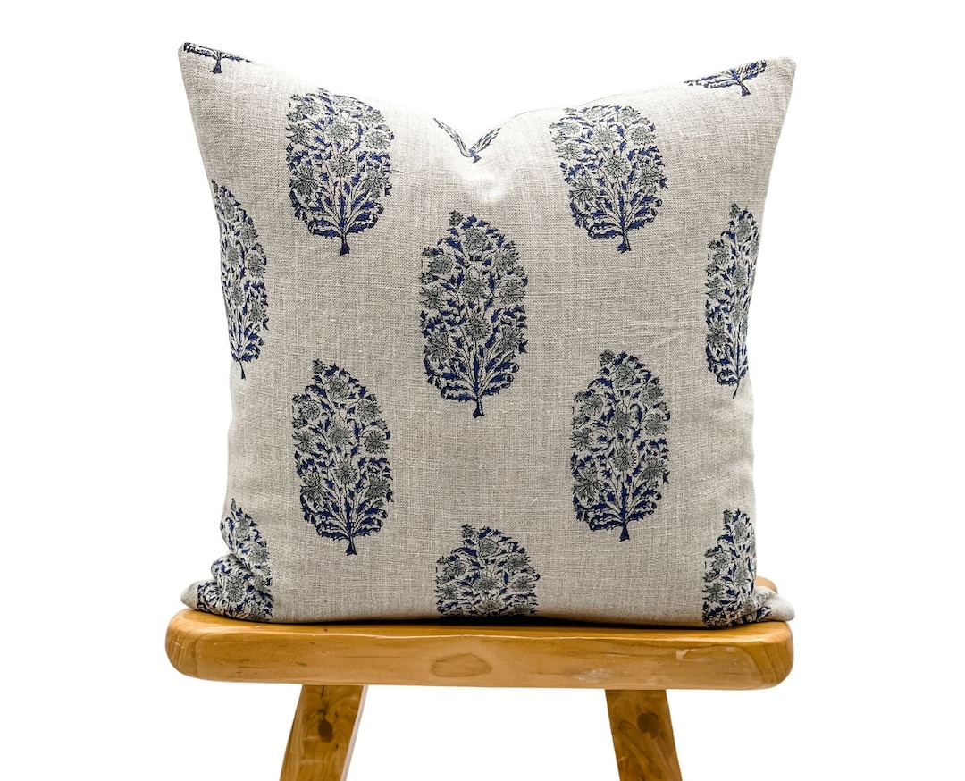 Designer Floral Indigo Blue With Blue Grey on Natural Linen Pillow ...