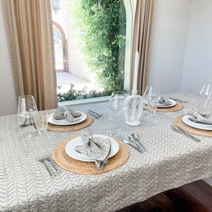 Designer Grey Floral Design on Natural Linen Table Cover, Neutral Table ...