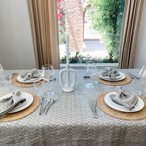 Designer Grey Floral Design on Natural Linen Table Cover, Neutral Table ...