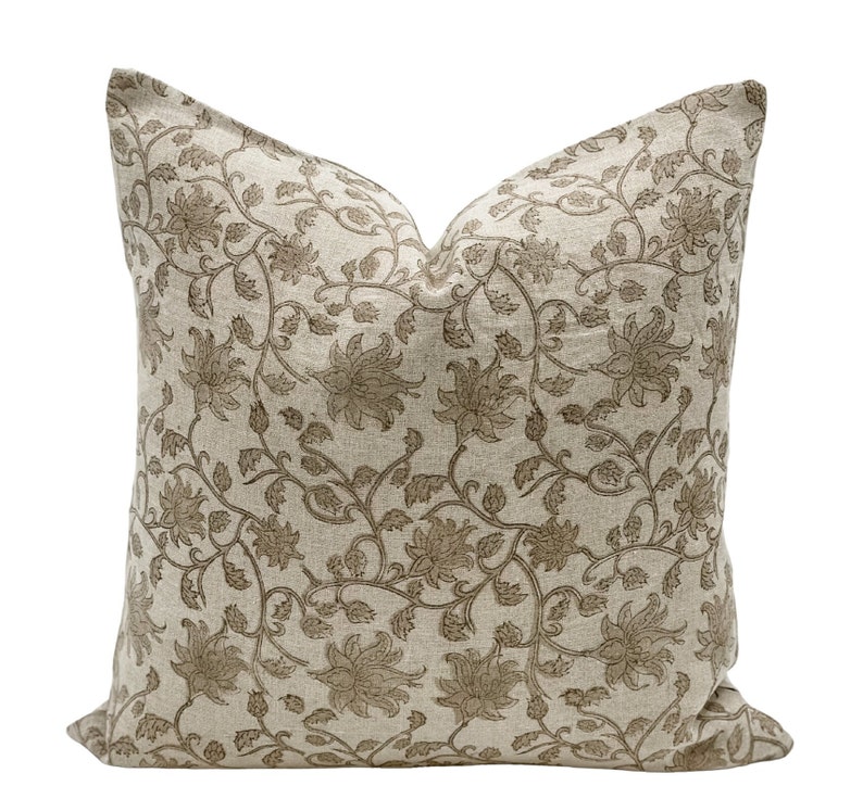 Designer Grey Beige Floral Design on Natural Linen Pillow - Etsy