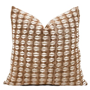 Designer Tan Brown Geometric Print on Natural Linen Pillow Cover, Tan ...